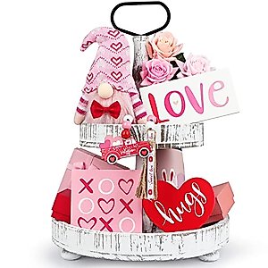 Boribim Valentines Day Decor - Valentines Day Tiered Tray Decor, XO Love Hugs Wooden Signs Cute Gnomes Plush with Bead Garland - Farmhouse Rustic Tiered Tray Items Decorations for Home Room Table