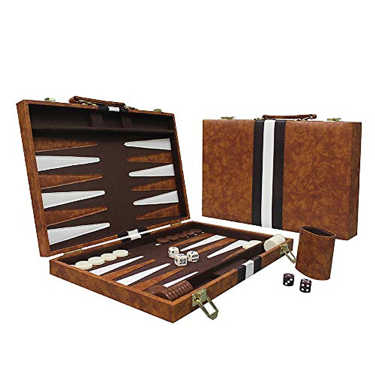 Sun Flair Backgammon Set - 15 Inch Backgammon Sets for Adults, Folding Classic Board Game with Premium Leather Case, Best Strategy and Tip Guide Enclosed (Brown, Medium)