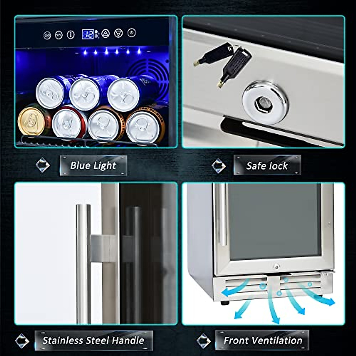 IOCCIOBB Mini Fridge 15" Mini Beverage Refrigerator/Wine Cabinet, 120 Cans, 34-65°F, Quiet, Adjustable Shelves, LED Lighting, ETL, Touch Controls, Defrost, Double Glass Door, Kitchen/Bar/office