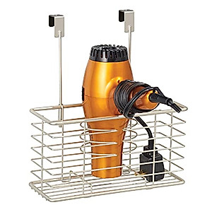 mDesign Steel Over Cabinet/Door Hair Dryer Holder Storage, Hair Styling Tool Organizer Basket for Bathroom - Hair Blow Dryer, Flat Iron, Curling Wand, Hair Straightener, Linelle Collection - Satin