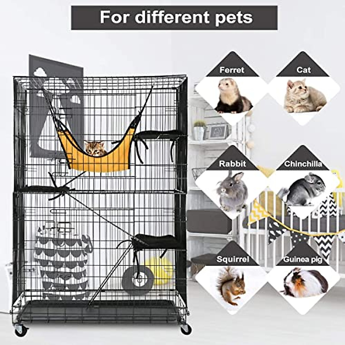 48'' Large Cat Cage with Wheels, Collapsible Large 3-Tier Metal Cat Enclosure Perching Shelves Cat Crate Cat Kennel Ferret Chinchilla Cage with Cat Hammock/3 Cat Bed/3 Ramp Ladder/Cat Litter Pan