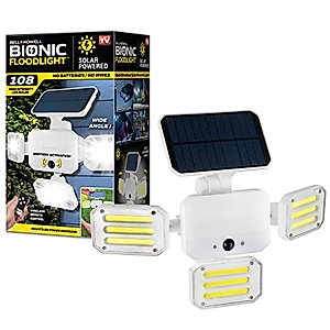 Bell+Howell Bionic Floodlight White Solar Lights Outdoor Motion Sensor LED Outdoor Lights Swiveling Light 108 High Power LED Bulbs in Adjustable Panels Waterproof for Garden Patio As Seen On TV