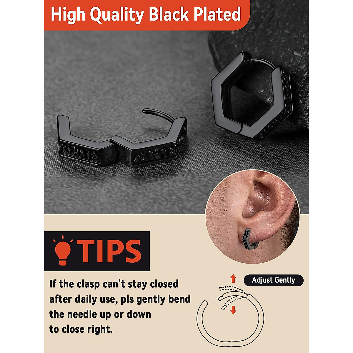 Vintage Rune Hoop Earrings for Male Black Punk Norse Vikings Stuff Amulet