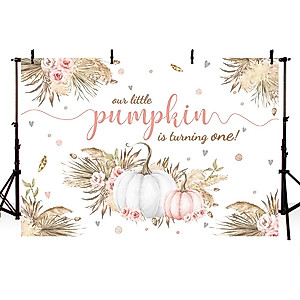 MEHOFOND 7x5ft Fall Pumpkin 1st Birthday Backdrop Boho Pink Floral Our Little Pumpkin is Turning One Banner Fall Autumn First Birthday Photography Background Cake Table Smash Photo Props