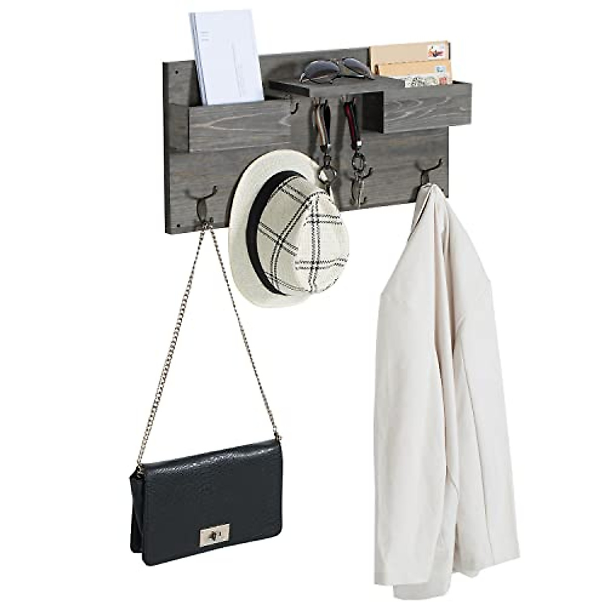 MyGift Wall Mounted Vintage Gray Solid Wood Mail and Key Holder Organizer Rack with Antique Key Hooks, Display Shelf and Letter Storage Bins, Entryway Family Command Center