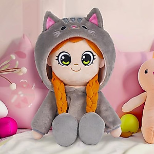 17" Soft Baby Doll Toys, My First Baby Doll with Grey Cute Kitten Character Hoodie Cloth, Soft Stuffed Rag Dolls for Toddler Kids Infants