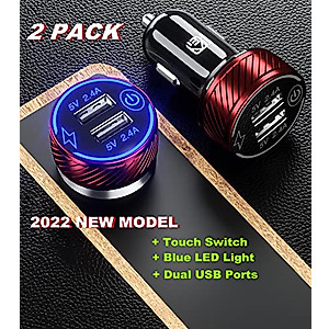 【2Pack】 USB Car Charger, Dual USB Port Car Charger Adapter, 5V/4.8A Charge Car Phone Charger with Blue LED & Touch Switch Fit for iPhone 13/12 Pro/Max/8, Galaxy S21/20/10/9 (Red)