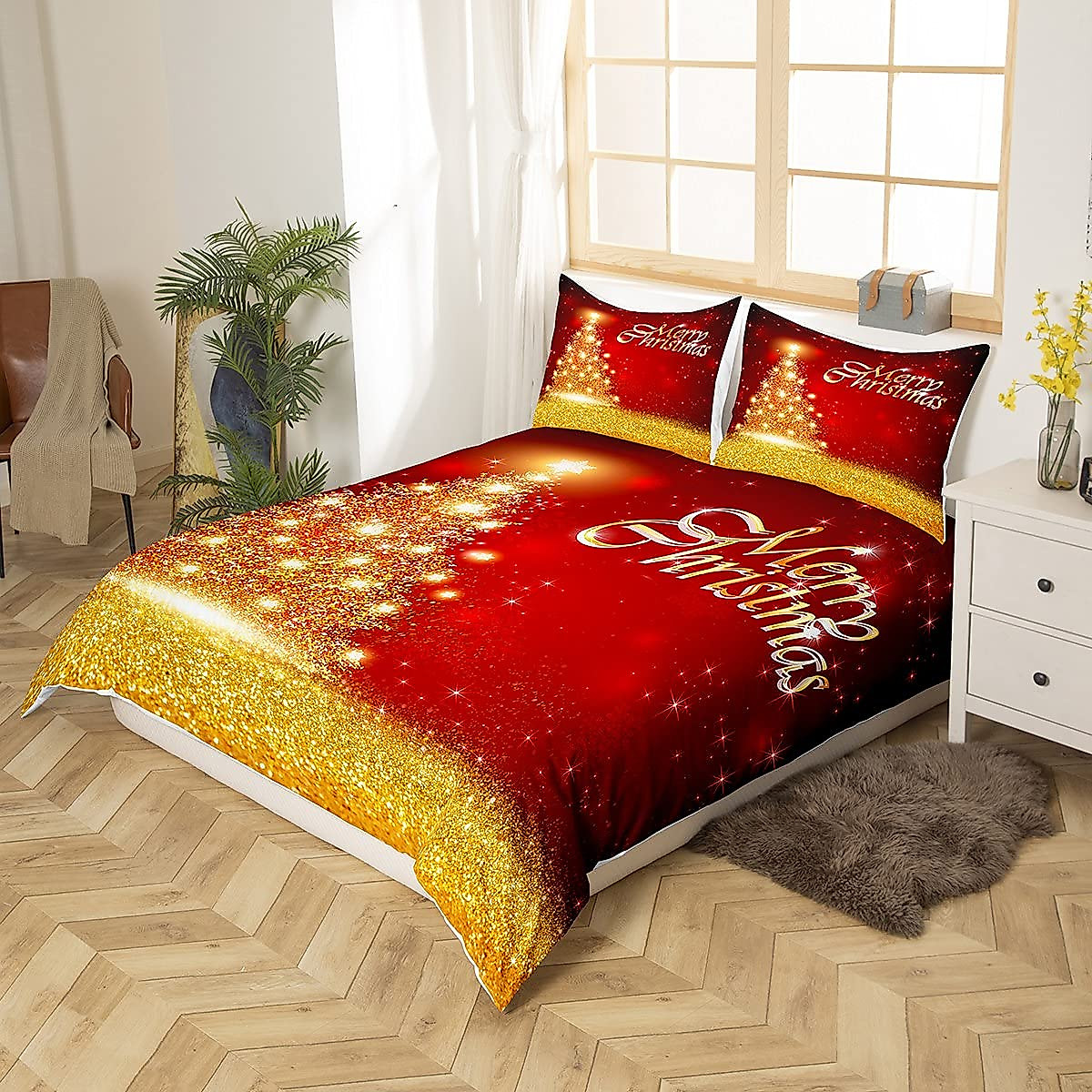 Manfei Christmas Tree Duvet Cover Set Queen Size Gold Sparkle Comforter Cover Merry Christmas Bedding Set 3pcs for Kids Boys Girls Room Decor Western New Year Theme Bedspread Cover with 2 Pillowcases