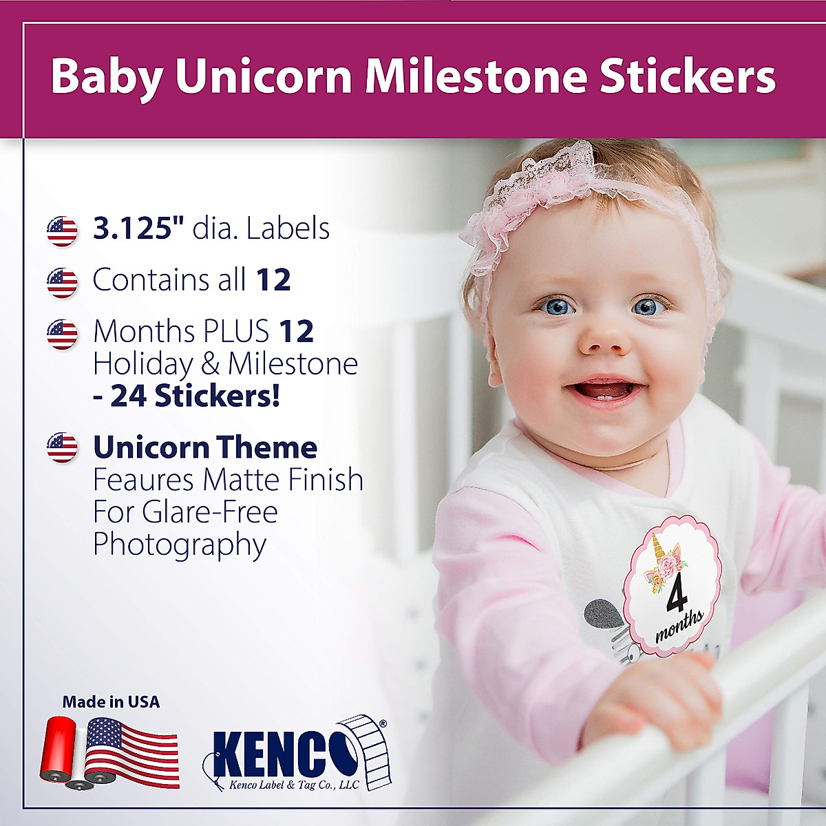 24 Pack Baby Month Stickers and Milestone Stickers by Kenco® - Track Your Baby's First Year Month-by-Month and Holidays! Boys and Girls' Available (Girls Unicorn)