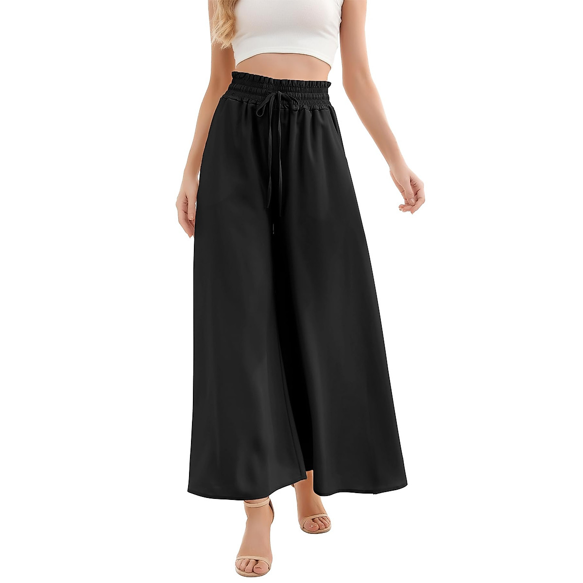 GOUCEHN Women Wide Leg Pants Casual High Waisted Long Palazzo Pants Drawstring Flowy Trouser (Black, Small)
