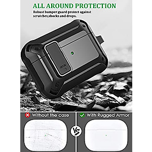 Airpods Pro Case Cover, [Secure Lock] Olytop Armor Case for Apple Airpod Pros Rugged Cool Protective Case Cover for Men Full-Body Shockproof Case Skin with Carabiner - Black