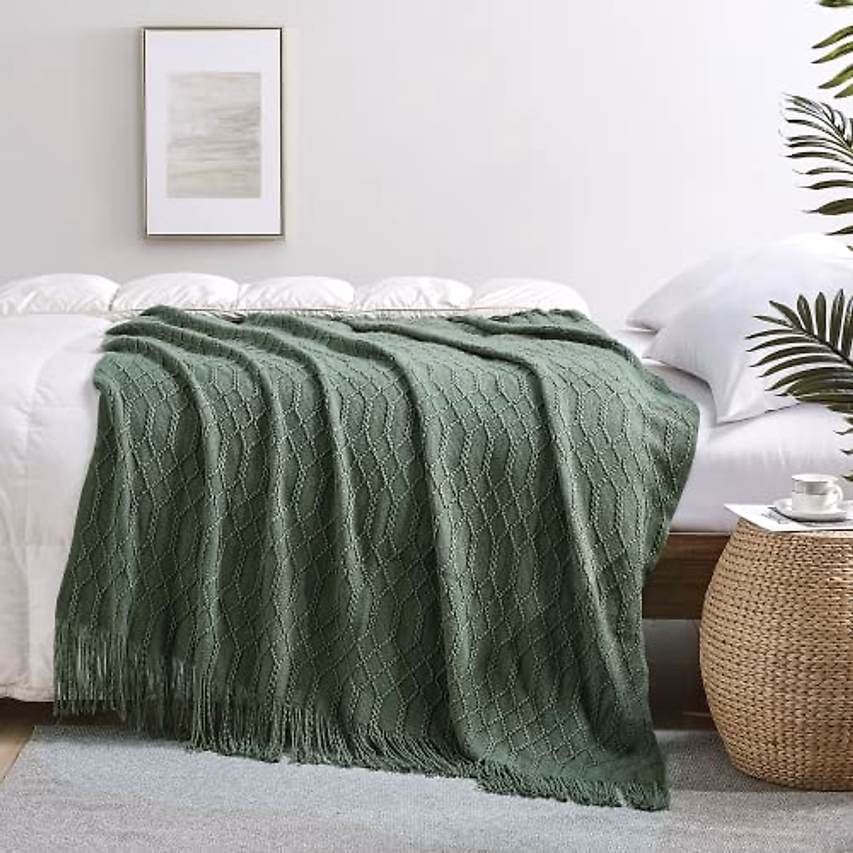 MOLLY ROCKY 100% Acrylic Knitted Throw Blanket Textured Solid Soft Decorative Throw for Sofa, Couch, Bed,50x60 Inch,Green