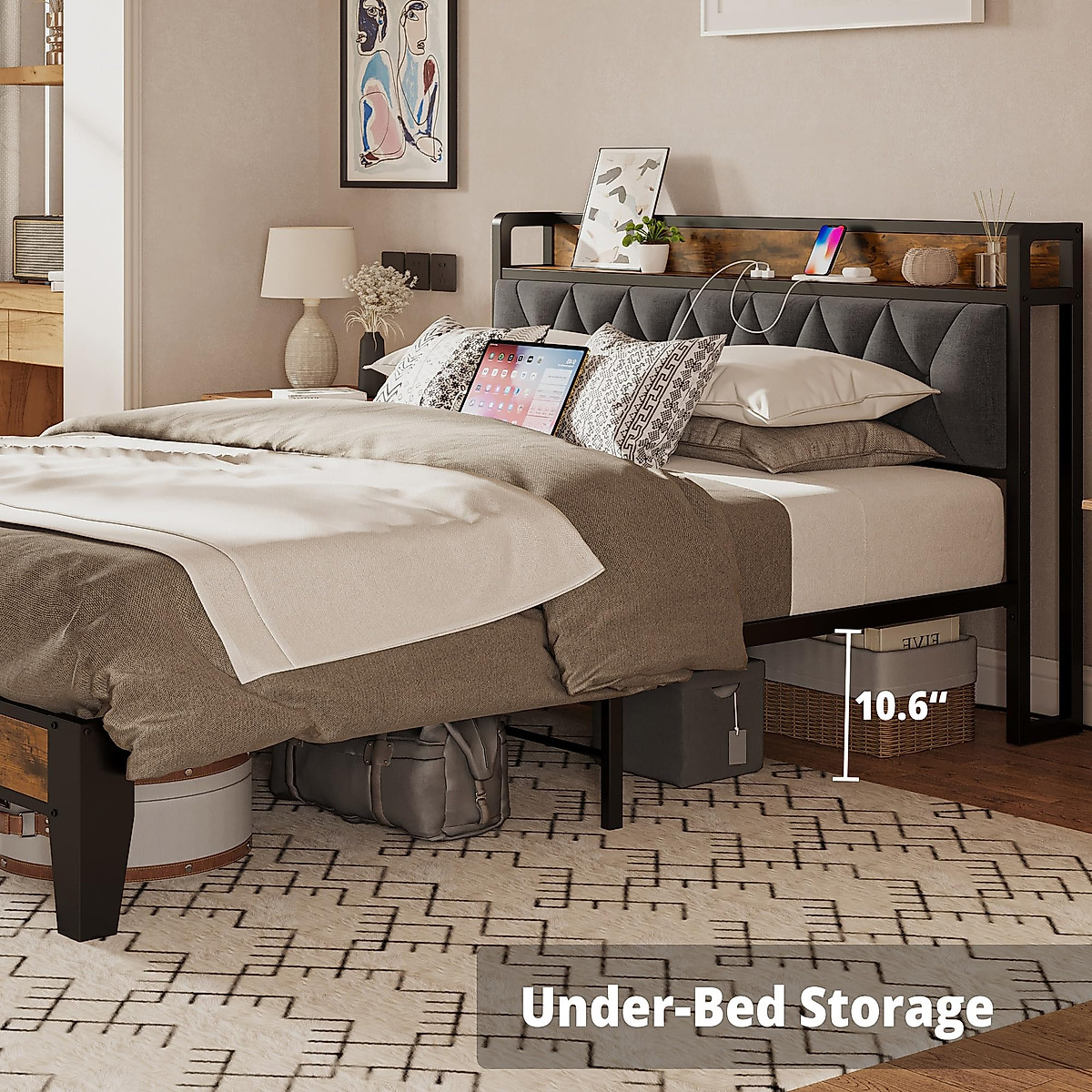 ANCTOR Full Size Bed Frame, Storage Headboard with Outlets, Easy to Install, Sturdy and Stable, No Noise, No Box Springs Needed - Perfect for a Good Night's Sleep