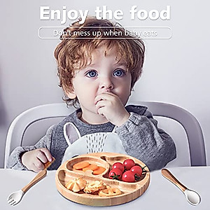 Mamimami Home Baby Bamboo Suction Plates Set with Spoons & Fork, Baby Food Dishes Feeding Set for Led Weaning Plate, Baby Utensils Set, BPA Free