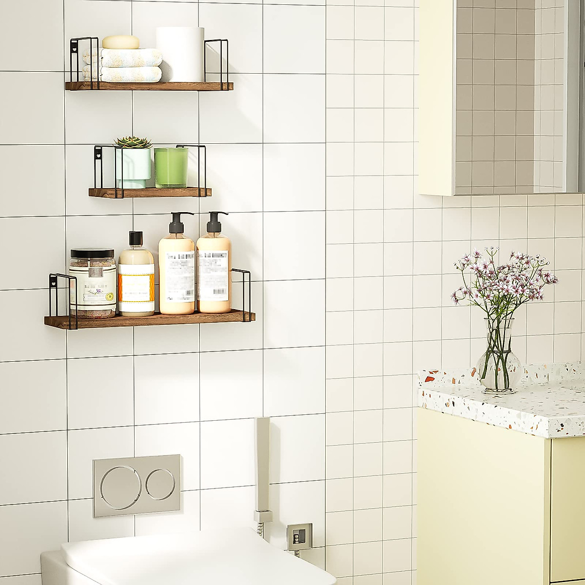 SRIWATANA Rustic Floating Shelves Wall Mount Set of 3, Hanging Wall Shelves, 17 Inch Wood Storage Shelves for Decor, Bedroom, Bathroom, Laundry Room, Living Room, Kitchen, Office - Light Walnut