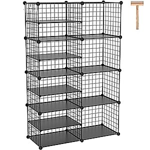 C&AHOME Wire Cube Storage Unit, Interlocking Metal Wire Organizer with Divider Design, Modular Cabinet with Plastic Panels, Bookshelf Stackable Closet Organizer with Small Hooks, Black UWCSIM08B