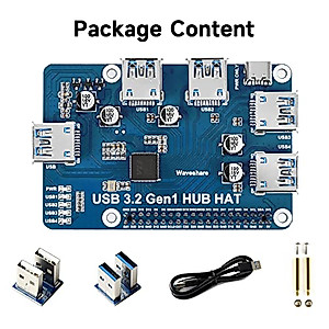 Waveshare USB 3.2 Gen1 HUB HAT, Compatible with Raspberry Pi 5/4B/3B/Zero/Zero W/Zero 2W/Pico/Pico W/Pico WH, 4X USB 3.2 Gen1 Ports, No Driver Required