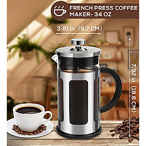 FAVIA 34 Ounce French Press Coffee Maker Heat Resistant Thick Glass with Stainless Steel Coffee Tea Press Dishwasher Safe (34oz, Stainless Silver)