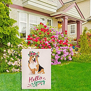 Spring Corgi with Flower Garden Flag Vertical Double Sided 12.5x18 Inch Burlap Rustic Farmhouse Yard Outdoor Flag Décor