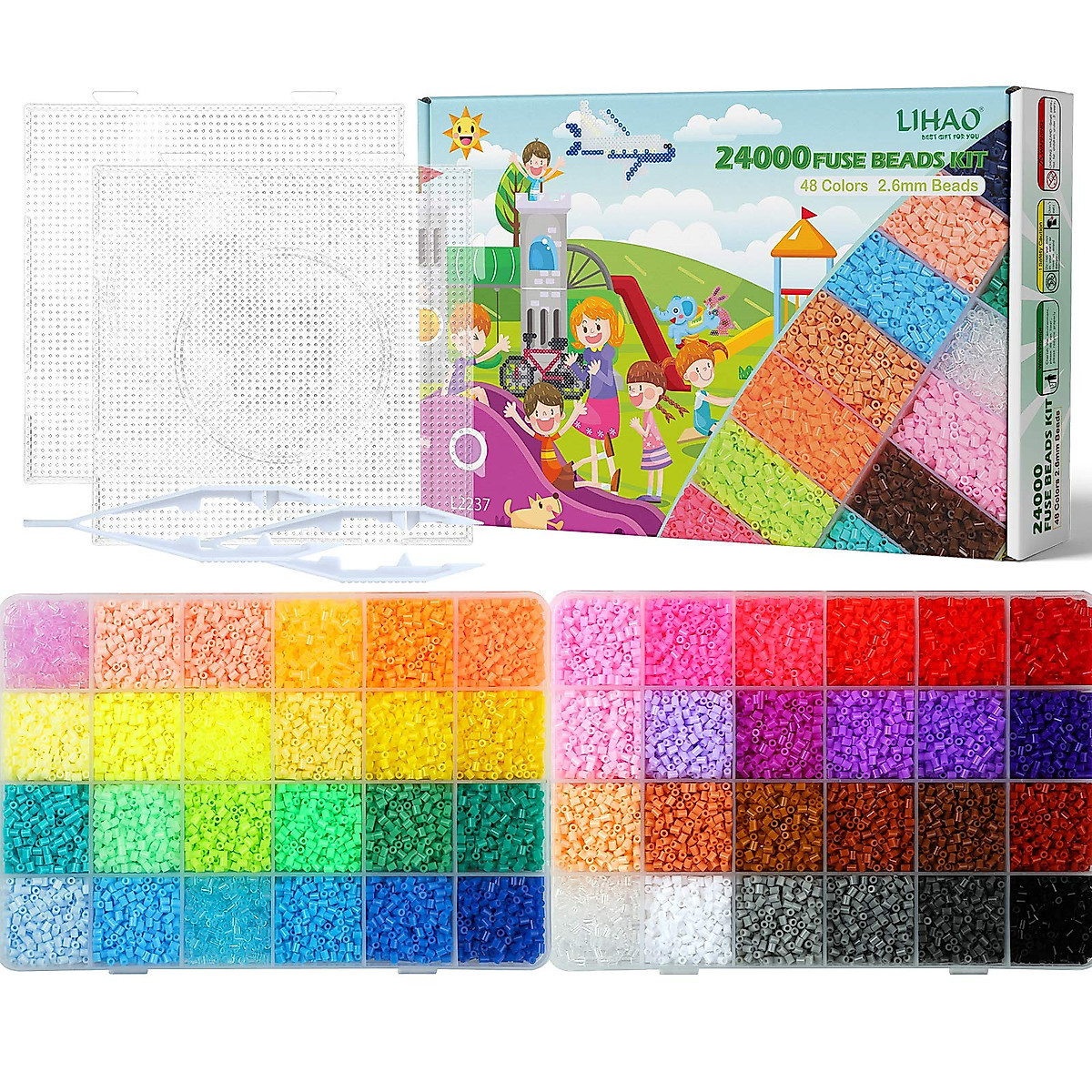 LIHAO 2.6mm Fuse Beads Kit for Crafts 24000 pcs 48 Colors Mini Fuse Beading Kit, Multicolored Iron on Fused Beads Kit, Great Supplies for Fuse Beads Artist