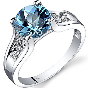PEORA Swiss Blue Topaz and Diamond Cathedral Ring for Women 14K White Gold, Natural Gemstone Birthstone, 2.25 Carats Round Shape, 8mm, Size 5