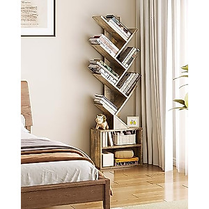 SUNMORY 6 Tier Tree Bookshelf, Small Bookcase with Storage Cabinet, Modern Tall Narrow Bookshelves Organizer, Floor Standing Book Shelf for Bedroom/Living Room/Home Office/Corner, Rustic Brown