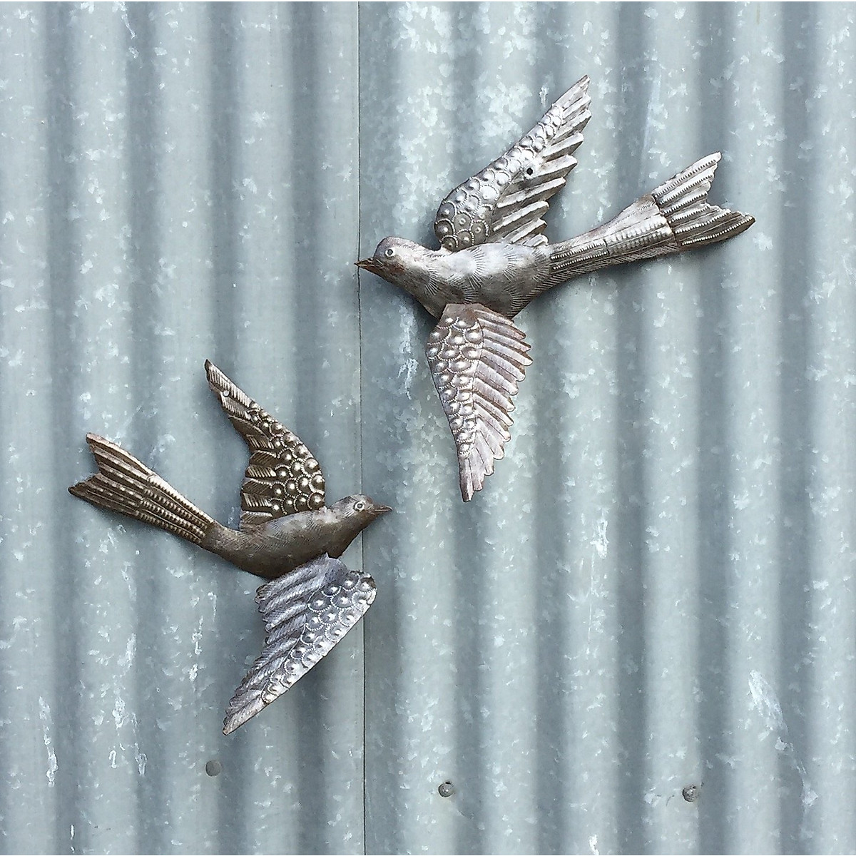 Set of 2 Garden Birds, Spring Home Accent Decor, 3D Wings, Metal Wall Hanging, Indoor Outdoor Display, Handmade 11 x 13 Inches