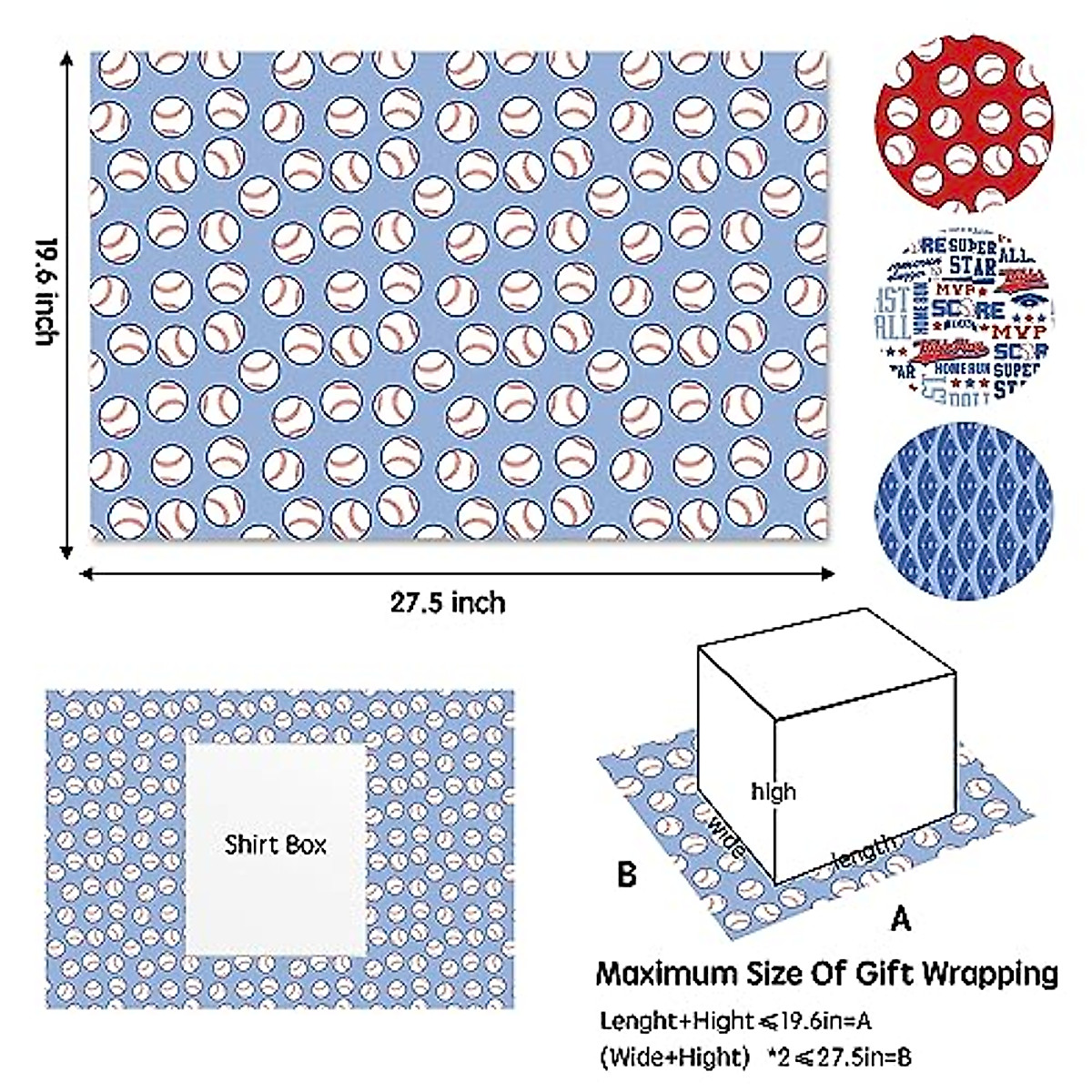 Dtiafu Baseball Wrapping Paper - 12 folded sheets with 4 classic baseball designs - Birthday Wrapping Paper for Boys Kids Men Sport Party - 20 X 28 Inches Per Sheet