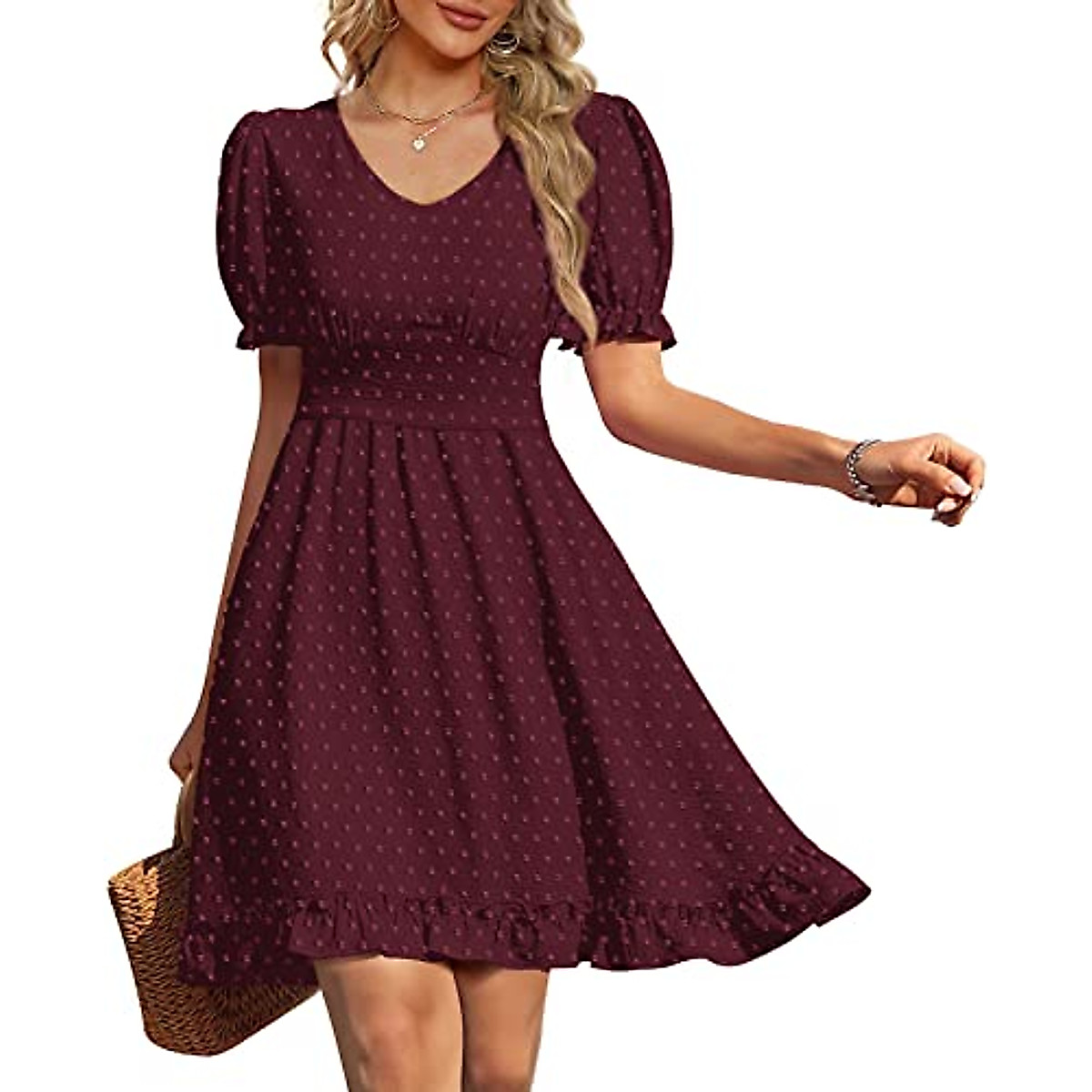 OFEEFAN Ladies Summer Dresses Puff Sleeve Summer Swiss Dot Dress for Women Wine Red L