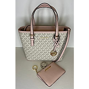 Michael Kors Jet Set Travel XS Carryall Convertible Top Zip Tote bundled with SM TZ Coinpouch and Purse Hook (Signature MK Vanilla/Pink)