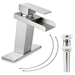 Herogo Waterfall Bathroom Faucet, Brushed Nickel Bathroom Faucets for Sink 1 or 3 Hole with Brass Pop Up Drain, Stainless Steel Single Handle Vanity RV Lavatory Mixer Tap with 2 Water Hoses