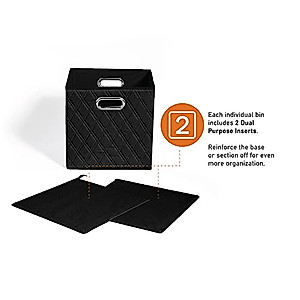 JIAessentials Large 13-inch Black Foldable Diamond Patterned Faux Leather Storage Cube Bins Set of Four with Handles with Dual Handles for living room, bedroom and office storage