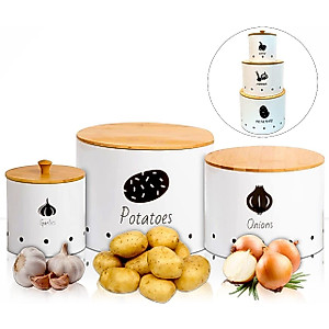 Potato and Onion Storage Bin with Wooden Lid – Set of 3 Garlic, Onion, And Potato Storage for Pantry - Potato Onion Kitchen Storage Canisters – Aerating Tin Storage Holes Keeps Vegetable Fresh