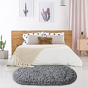 Terrug Super Soft Oval Rugs for Kid's Room, Cute Fluffy Plush Rugs 2.6x5.3 Feet for Girls Bedroom Dorm, Non-Slip Modern Shaggy Carpet for Living Room, Home Decor White for Bedroom Grey