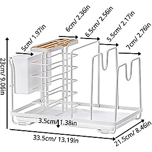 SUNFICON Pot Pan Lid Organizer Cutting Board Rack 8 Slots Knife Block Holder Cutlery Holder Kitchenware Storage Drying Rack Multifunctional Kitchen Pantry Cabinet Countertop Stand w Drip Tray White