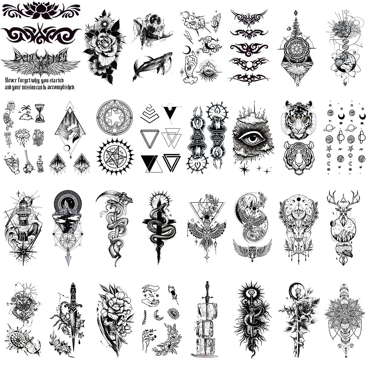 GLARYYEARS Maori Temporary Tattoo for Men Adults, 46-Pack Large Small size Realistic Tattoos, Totem Tribal Tiki Turtle Manta Fake Tattoo Stickers, Long-lasting Cool Black Body Half Arm Tattoos