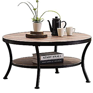 O&K FURNITURE Rustic Round Coffee Table for Living Room, 2 Tier Industrial Cocktail Table with Open Shelving, Vintage Brown Finish,1-PC