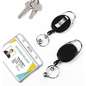 20 Pack Retractable Badge Holder with Carabiner Reel Clip, Bulk ID Card Key Holder with Ring, Heavy Duty Black Key Chain Extender for Office Work Employee