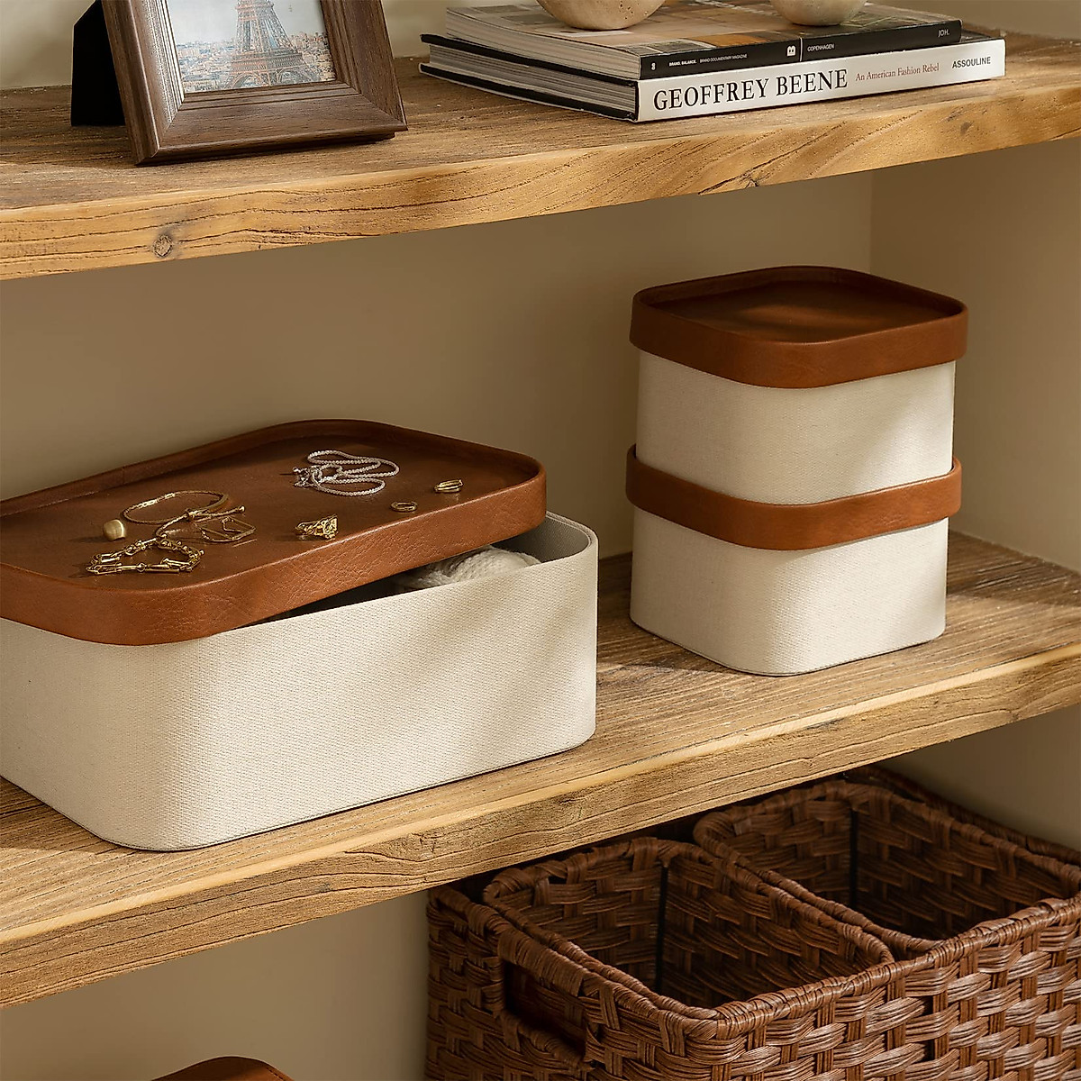 Beige Decorative Storage Boxes With Lids, Storage Baskets with Leather-Like Lids, Sturdy Stackable Paper Boxes Decorative Tray, Modern Basket Organizer Bins for Jewelry Shelve Bathroom Bedroom