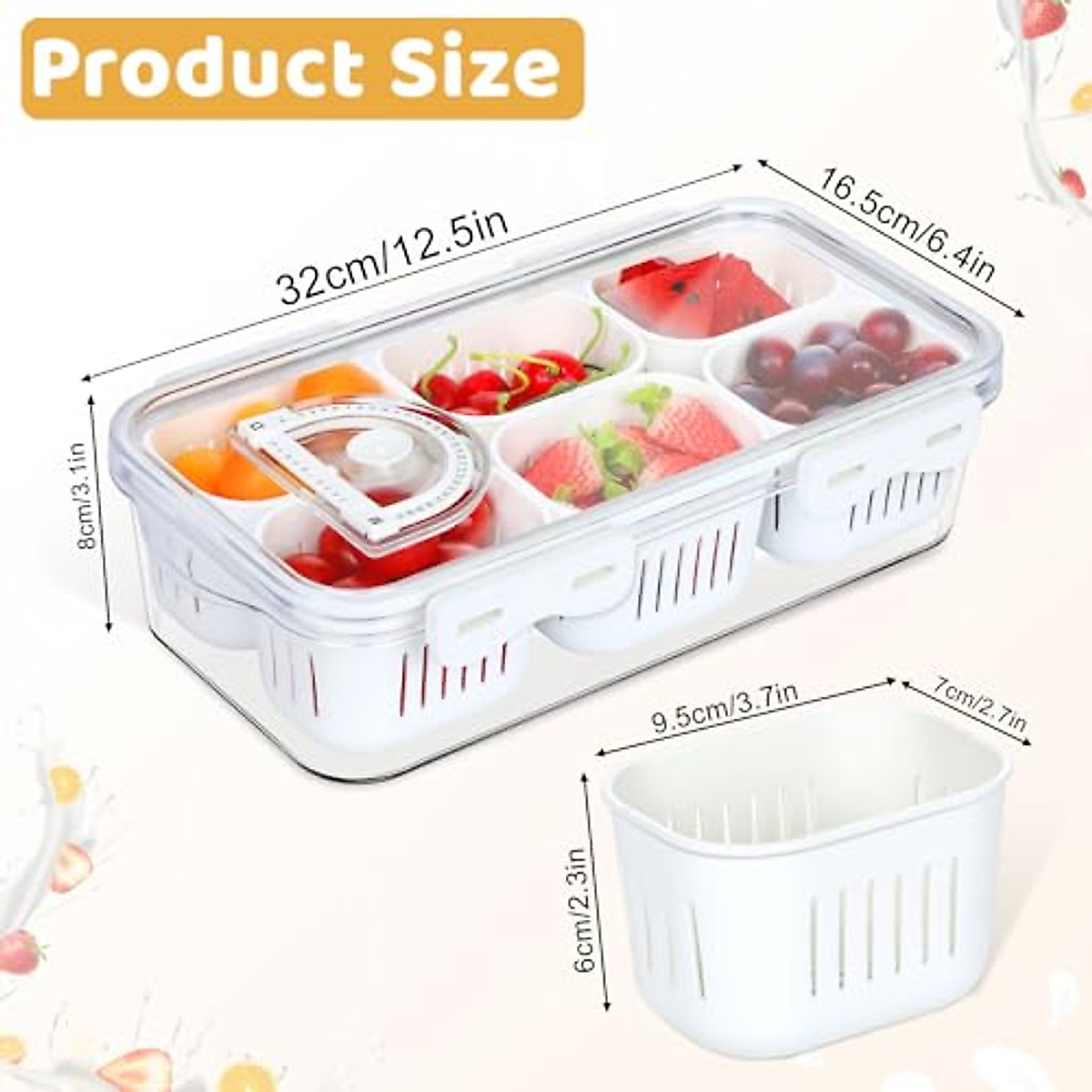 Dualshine Divided Serving Tray with Lid, Fruit Storage Containers for Fridge, Snack Box, Portable Food Storage Containers with 6 Compartments Keep Fruits, Snacks, Vegetables and Spices Fresh Longer