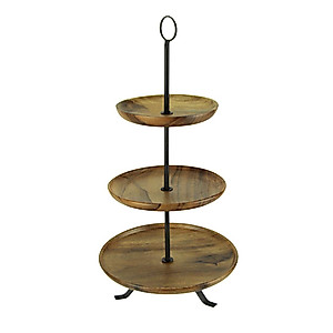 Rustic Three-Tier Wooden Farmhouse Serving Stand with Round Trays, Sturdy Metal Frame, and Boho Charm - 23.5 Inches High - Culinary and Decorative Delight