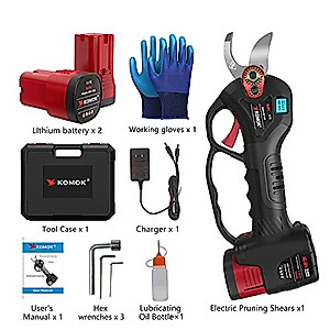 KOMOK Electric Pruning shears, Professional Cordless Battery Powered Pruning Shears Tree Branches Cutter with LED Display, 1"/25mm Cutting Diameter, 6-8 Working Hours