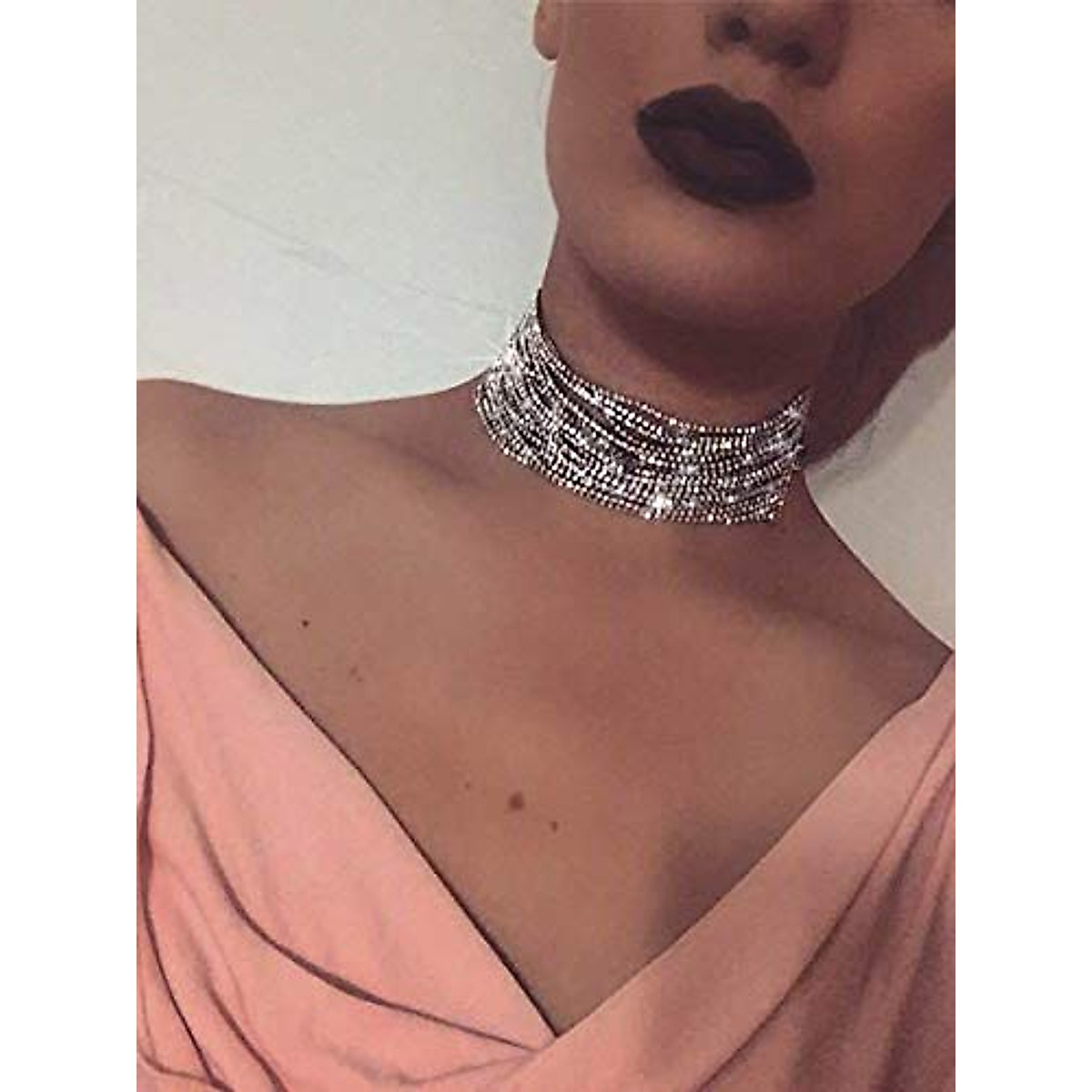 Nicute Layered Rhinestone Choker Sparkly Crystal Necklace Diamond Statement Necklace Jewelry for Women (Silver)