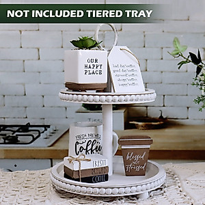 GENMOUS Farmhouse Coffee Tiered Tray Decor Set Mini Items For Coffee Bar Set Up Decor, White Tiered Tray Decorations with Wood Book Stack, Coffee Table Sign, Wood Mini Riser For Coffee Bar Accessories