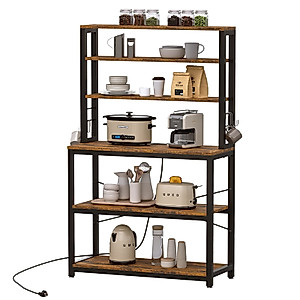 Rovaurx Standing Baker's Rack with Power Outlets, Microwave Oven Stand, Industrial Kitchen Cart Storage Shelf Organizer, Rustic Brown KTJZ001A