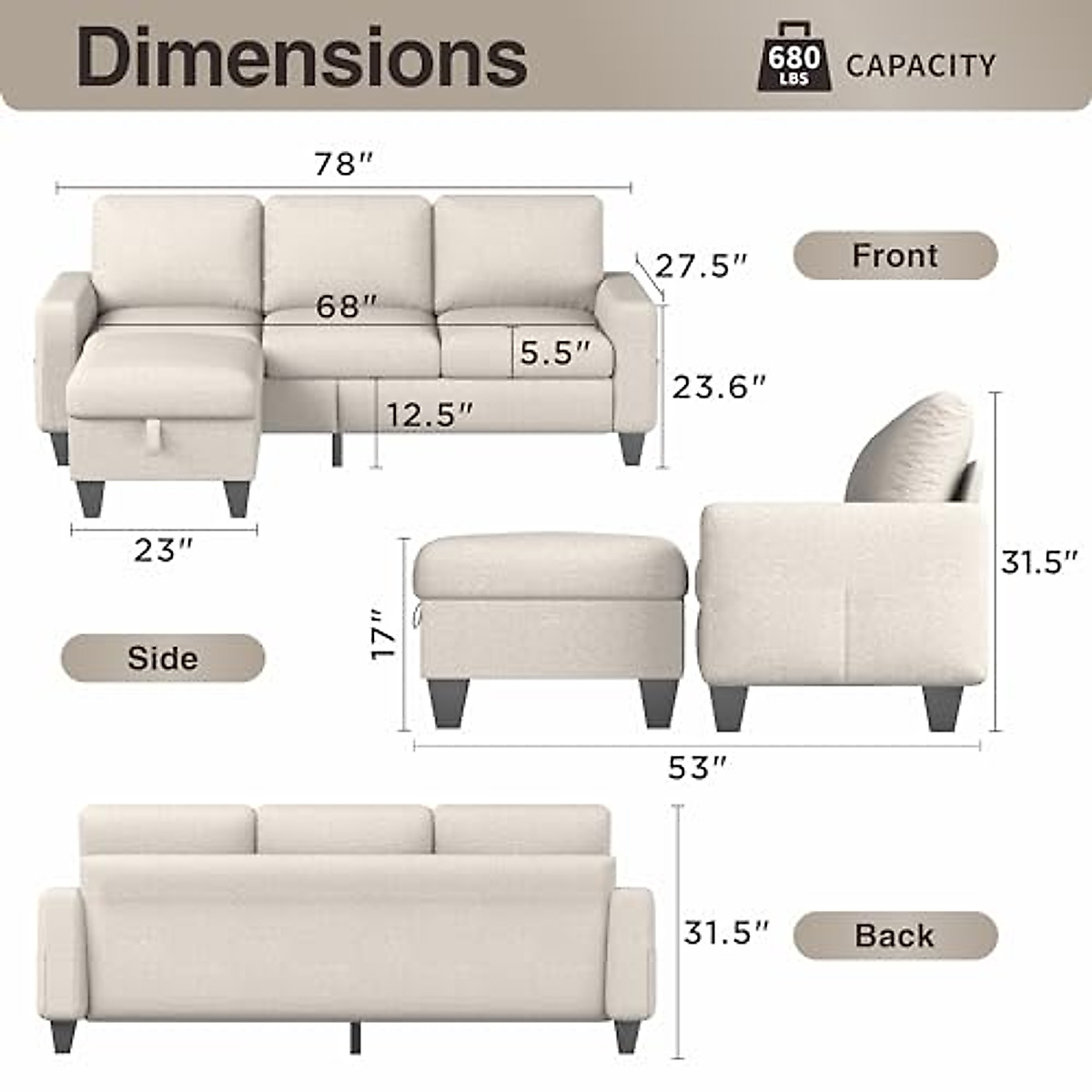 Beige Sectional Sofa Couch L Shaped Couchs with Ottoman Convertible 3 Seat Sofas for Living Room Small Space Apartment, Ottoman with Storage Space