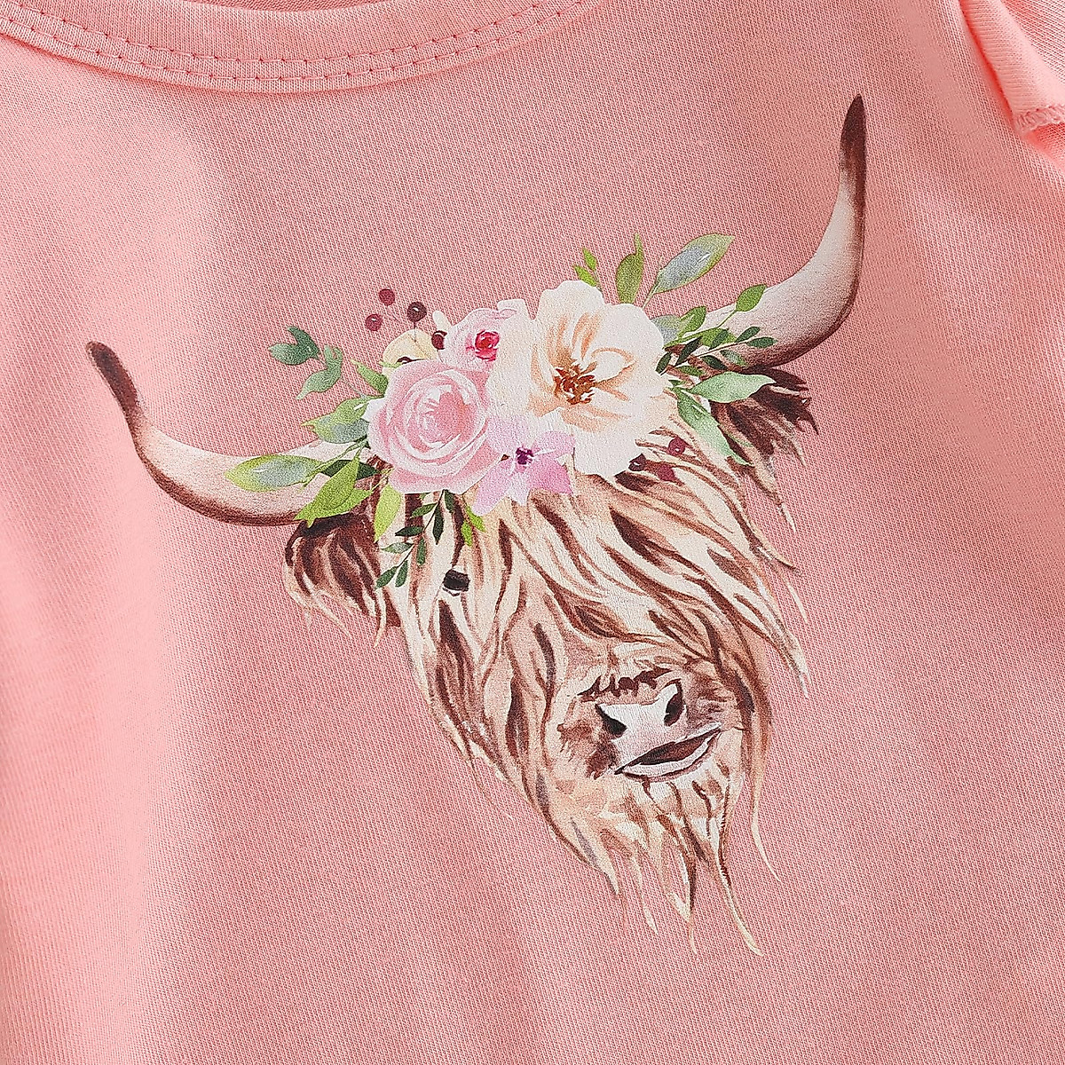 TheFound Western Baby Girl Clothes Ruffle Romper Cow Print Bell Bottoms Cowgirl Outfits for Girls Newborn Cute 2Pcs Set (Pink, 12-18 Months)