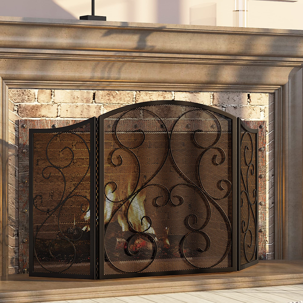 Fire Beauty Fireplace Screen 3 Panel Wrought Iron Metal 48"(L) x30(H) Spark Guard Cover(Sanded Black)