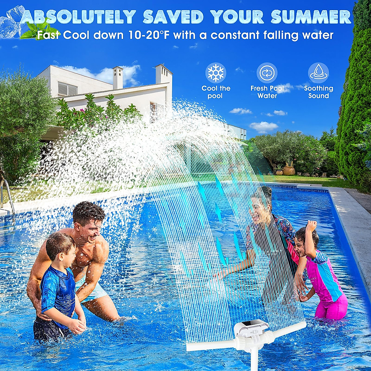 Pool Fountain with Solar Pool Light Show,Adjustable Dual Spray Sprinkler Pool Fountain for Inground Pool Waterfall,Swimming Pool Water Fountain,Fun Pool Waterfall Sprayer for Pool Cooling Fountain
