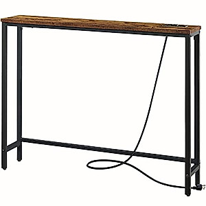 SUPERJARE Console Table with Power Outlets & USB Ports, Narrow Entryway Table, 39.3 Inches Sofa Table with Steel Frame for Hallway, Living Room, Entryway, Foyer - Rustic Brown